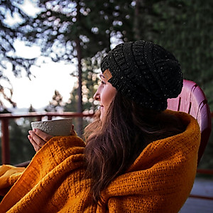 Winter Knitted Satin Lined Hats for Women Slouchy Cable Beanie Silky Soft Washed Warm Hat Black