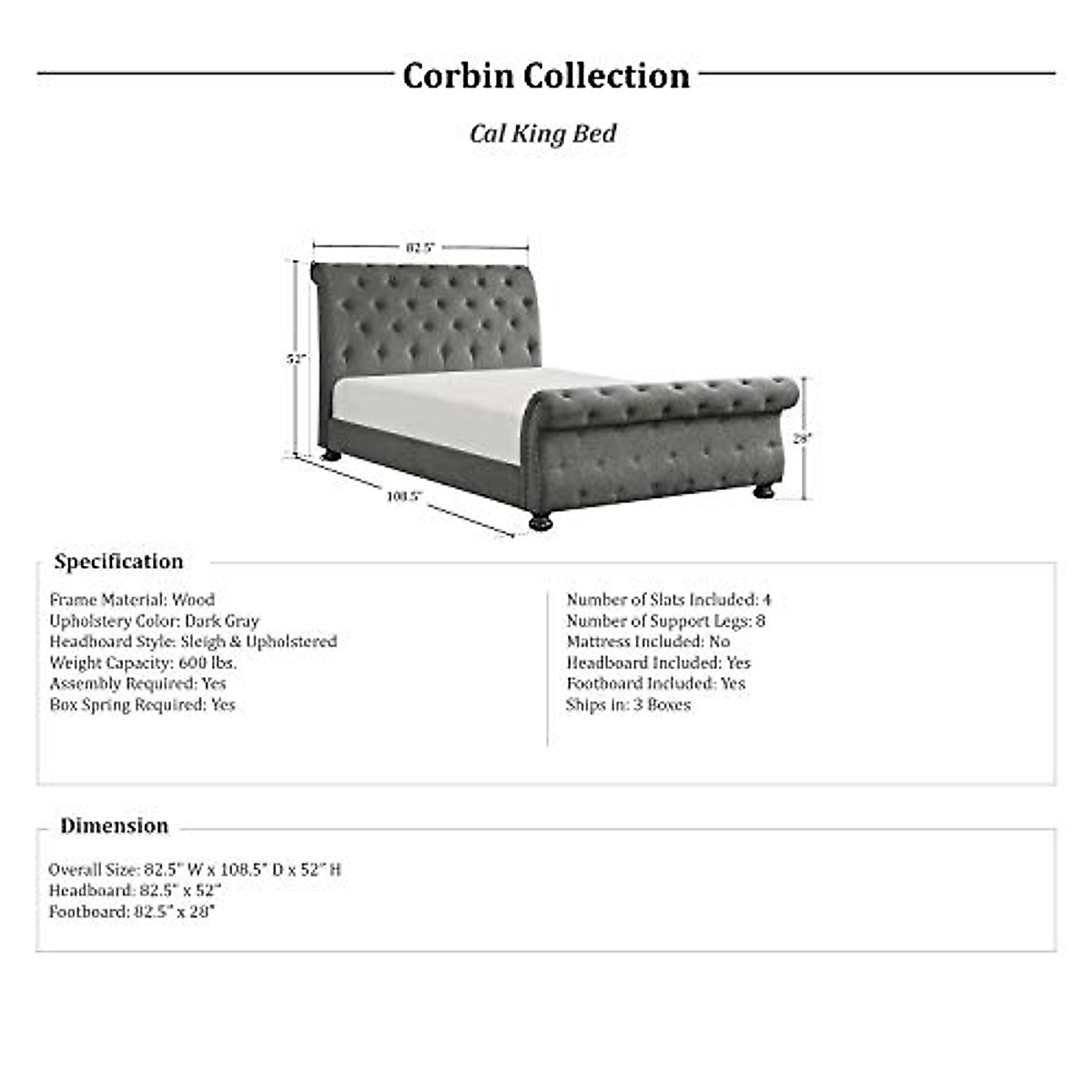 Lexicon Corbin Upholstered Sleigh Bed, Cal King, Gray