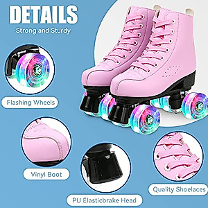 Women's Roller Skates PU Leather High-top Roller Skates Four-Wheel Roller Skates Double Row Shiny Roller Skates for Indoor Outdoor (Pink flash,40-US: 8.5)