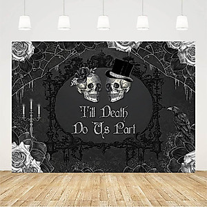 AIBIIN 7x5ft Halloween Till Death Do Us Part Backdrop Spooky Skull Gothic Wedding Party Decorations Supplies Bachelorette Bridal Shower Photography Background Banner Cake Table Photo Booth Props