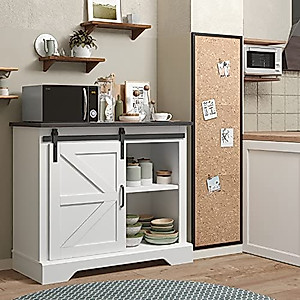 HOMFAMILIA 28" H Farmhouse Coffee Bar Cabinet w/Storage, White Kitchen Sideboard Buffet Cabinet with Sliding Barn Door, Rustic Accent Console with Adjustable Shelves, for Kitchen, Living Room