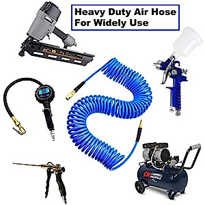 YOTOO Polyurethane Recoil Air Hose1/4" Inner Diameter by 25' Long with Bend Restrictor, 1/4" Industrial Quick Coupler and Plug, Blue