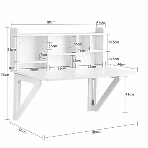 Haotian Wall Mounted Folding Table Drop-Leaf Floating Desk Trestle Desk Computer Table Writing Workstation with Storage Compartments, White, FWT07-II-W