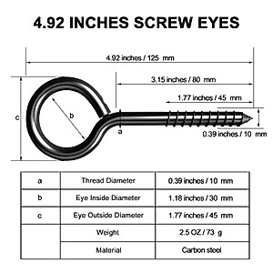 YGAOHF 5 Inch Eye Hooks Screw in Heavy Duty, 500 LBS Capacity, Large Stainless Steel Eye Hooks for Hanging, Black Eye Bolts for Indoor & Outdoor Heavy-Duty Applications