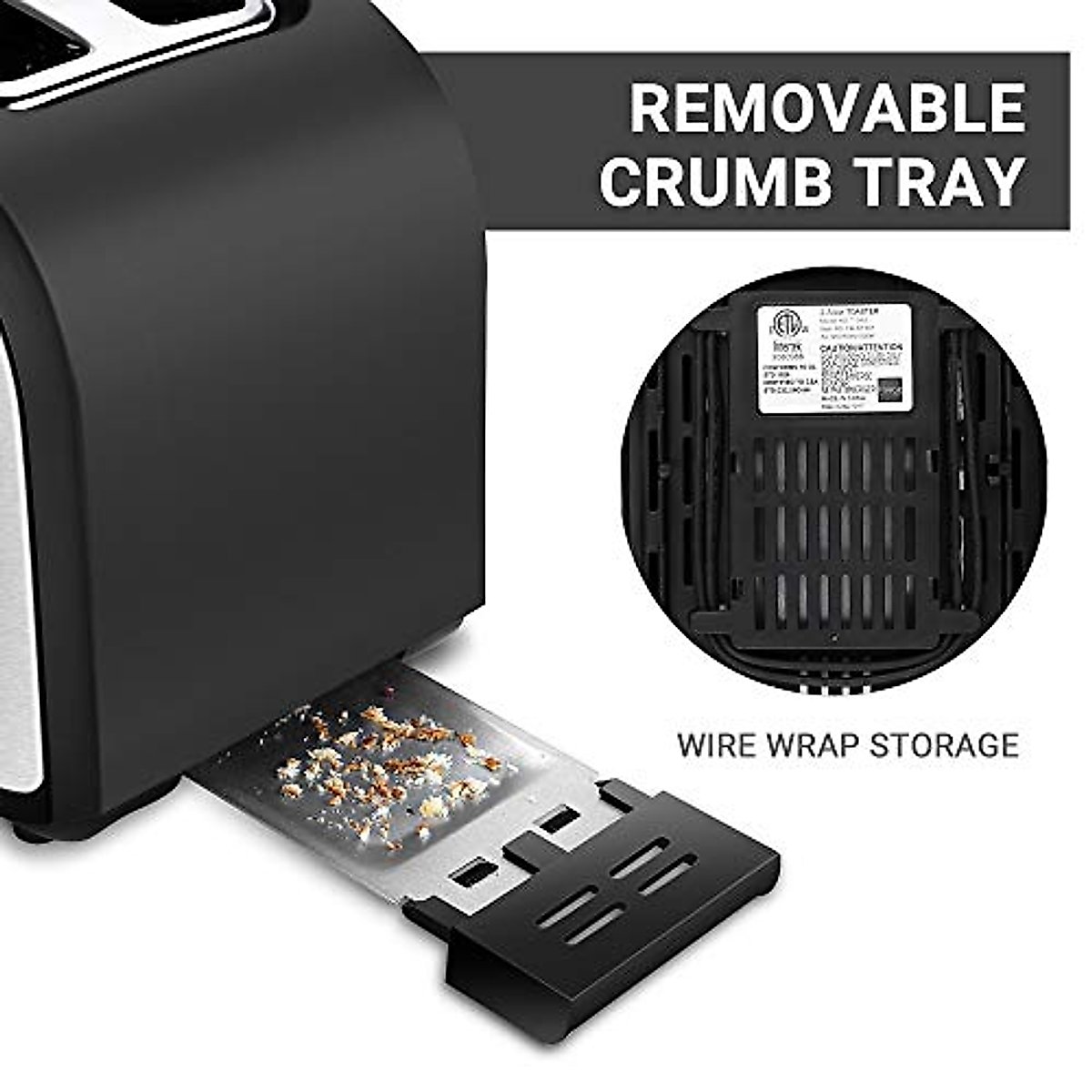 2 Slice Toaster CUSINAID Black Wide Slot Toaster 2 Slice Best Rated Prime with Pop Up Reheat Defrost Functions, 6-Shade Control, Removable Crumb Tray