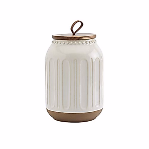 Tabletops Gallery Ceramic Canister Collection- Stoneware Designed Kitchen Storage Embossed Acacia Wood White Set, 3 Piece Embossed Ziggy White Canister Set