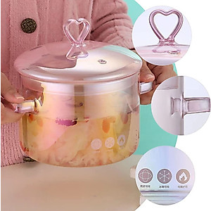 Glass Saucepan with Cover Clear Cooking Pot Stovetop Stew Pot with Lid Handmade Glass Casserole Double-Handle Cookware for Pasta Noodle Soup Milk Pink