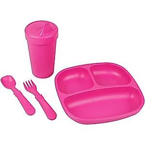 Re-Play Made in USA Toddler Dinnerware Set - No-Spill Sippy Cup, 7" Divided Plate, Rounded Tip Fork and Deep Scoop Spoon - Dishwasher/Microwave Safe Plastic Dinnerware Set - Pink