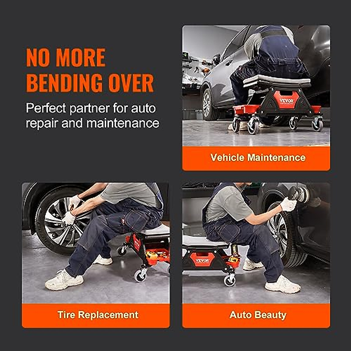 VEVOR Mechanic Stool 300 LBS Capacity Garage Stool Gift for Men, Heavy Duty Rolling Mechanics Seat, with Three Slide Out Tool Trays and Drawer, Tools for Automotive Auto Repair