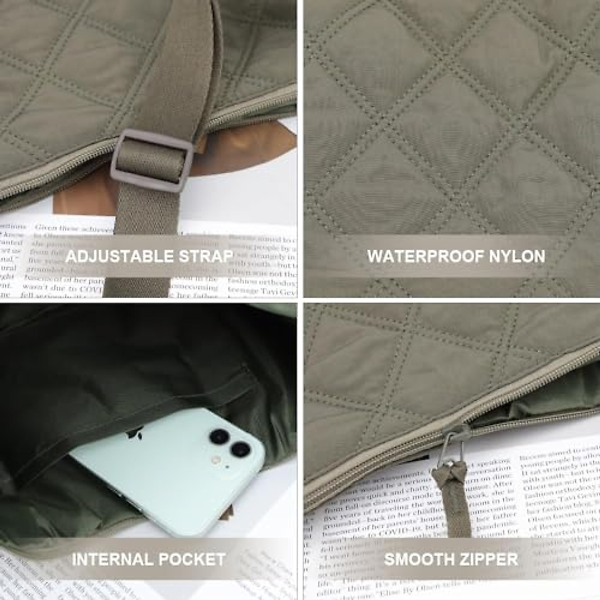 Women Hobo Shoulder Bag Puffer Small Tote Crossbody Bag Purse Cotton Handmade Bags Handbag with Zipper School Work Travel Olive Green