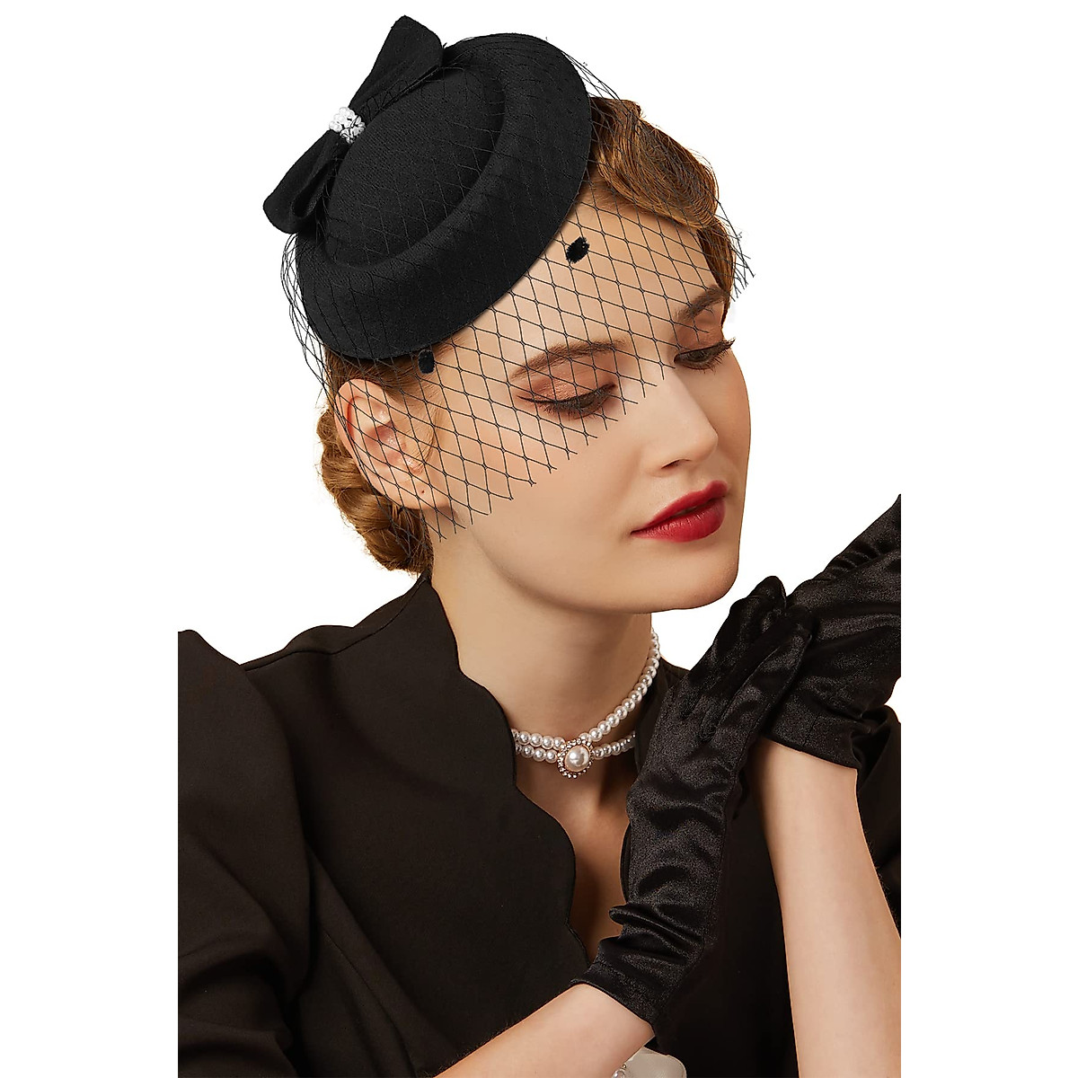 Fascinators Hats 20s 50s Hat Pillbox Hat Cocktail Tea Party Headwear with Veil for Girls and Women(C-black)