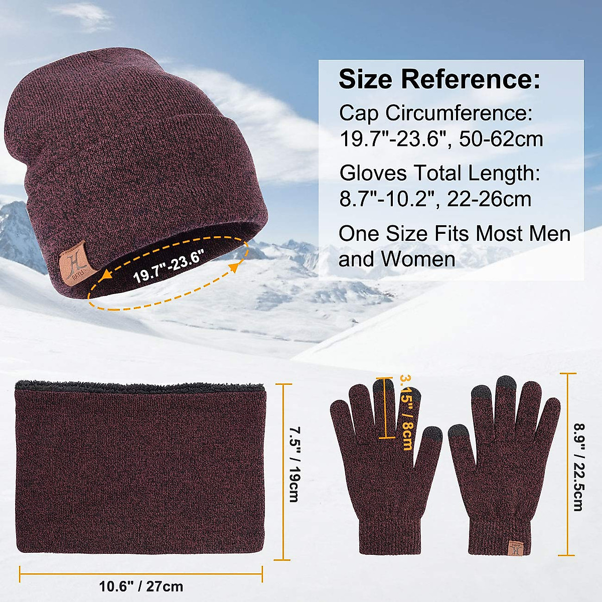 MAYLISACC Winter Hat Scarf and Glove Set for Women, Wine Red Warm Ladies Beanies Loop Scarves and Touchscreen Gloves