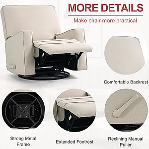 EASELAND Swivel Rocker Recliner Chairs,Large Nursery Glider Chair with Manual Puller,360°Rotation Reclining Glider Chair with Linien Fabric,Modern Lounge Nursery Chair for Living Room(Beige)