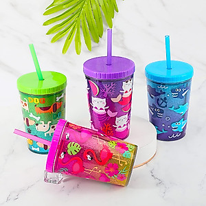 Home Tune 14oz Kids Tumbler Water Drinking Cup 2 Pack - BPA Free, Straw Lid Cup, Reusable, Lightweight, Spill-Proof Water Bottle with Cute Design for Girls & Boys - Flamingo & Kitty Mermaid
