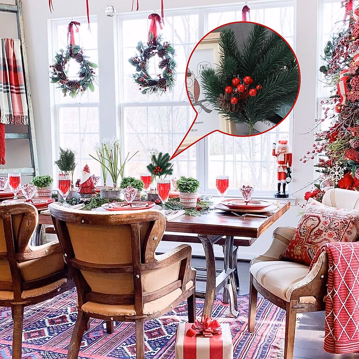 HYLYING 10 PCS Artificial Pine Branches Faux Cedar Sprigs with Pinecones Branch Fake Greenery Pine Picks for Christmas Holiday Winter Home Garden Decor, A5