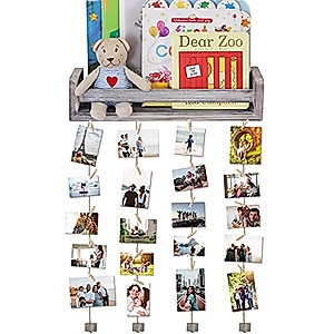 Satauko Floating Shelves Storage for Photo Hanging Display, Wooden Picture Frames Collage with 24 Clips, Wall Mounted Shelf Décor for Pictures Organizer. (Grey)