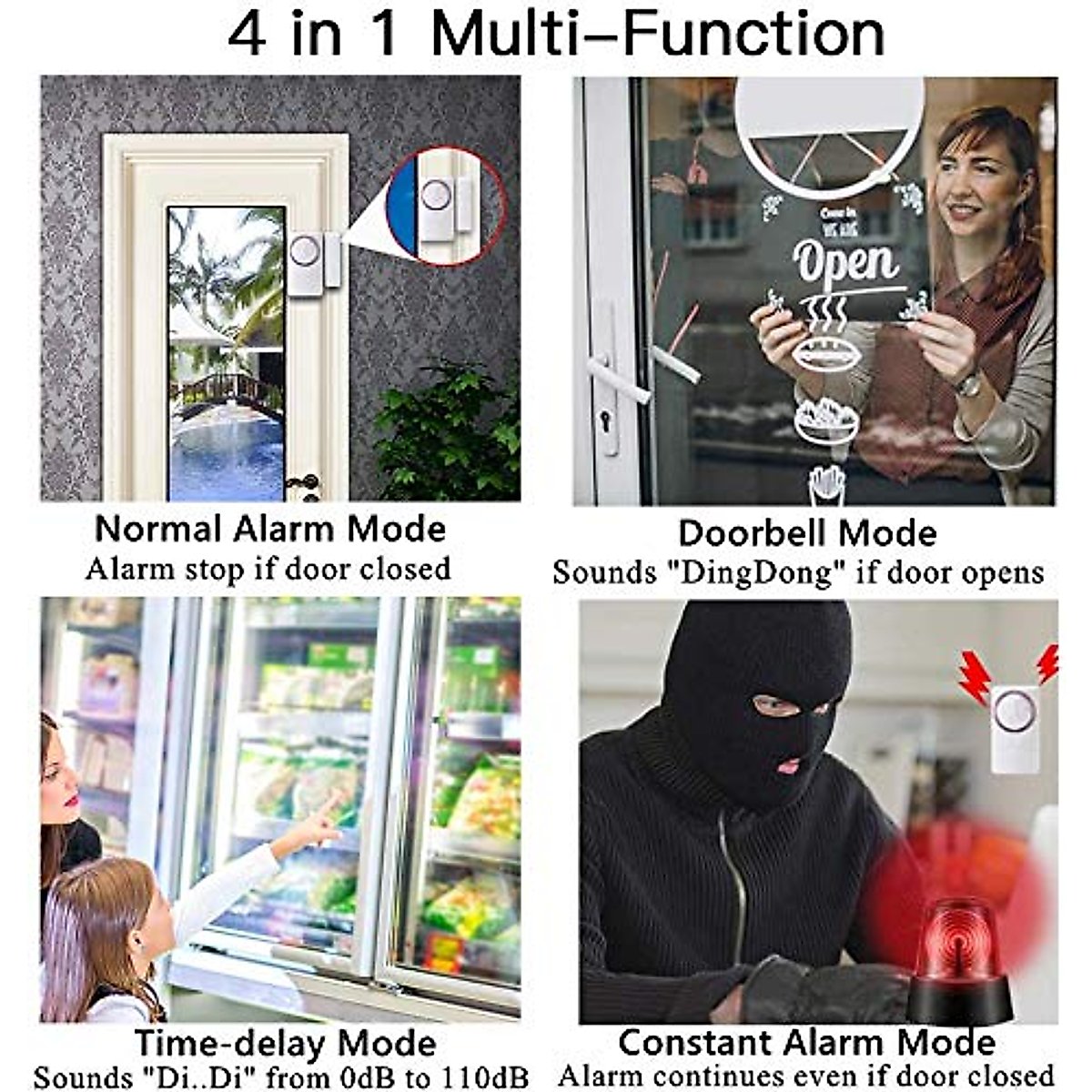 WSDCAM Door and Window Alarm for Home Wireless Alarm Security System Magnetic Alarm Sensor Close Door Reminder Loud 110 dB, 4-in-1 Mode Window Alarms 10 Pack