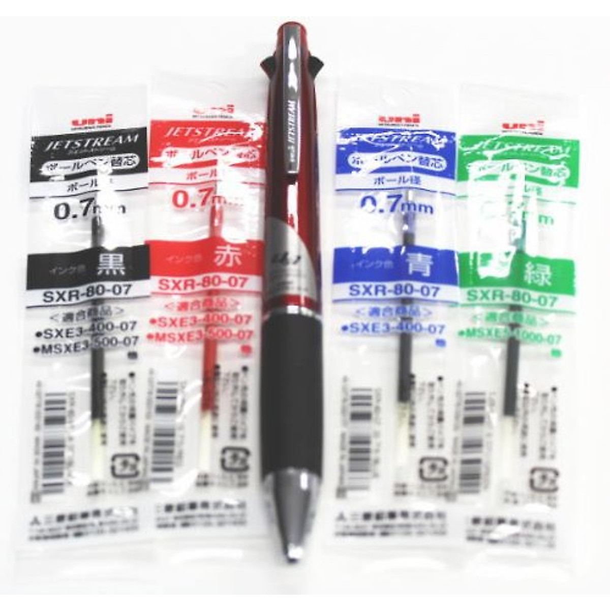 uni JETSTREAM 4&1 Red, Green, Blue, and Black 0.7mm Ballpoint Multi Pen + 0.5mm Mechanical Pencil + 4 SXR-80-07 Ink Refills (Red)