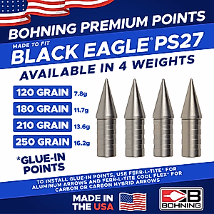 Bohning Match Grade Glue-in Points for Black Eagle® PS27, 250 Grain, 12pk