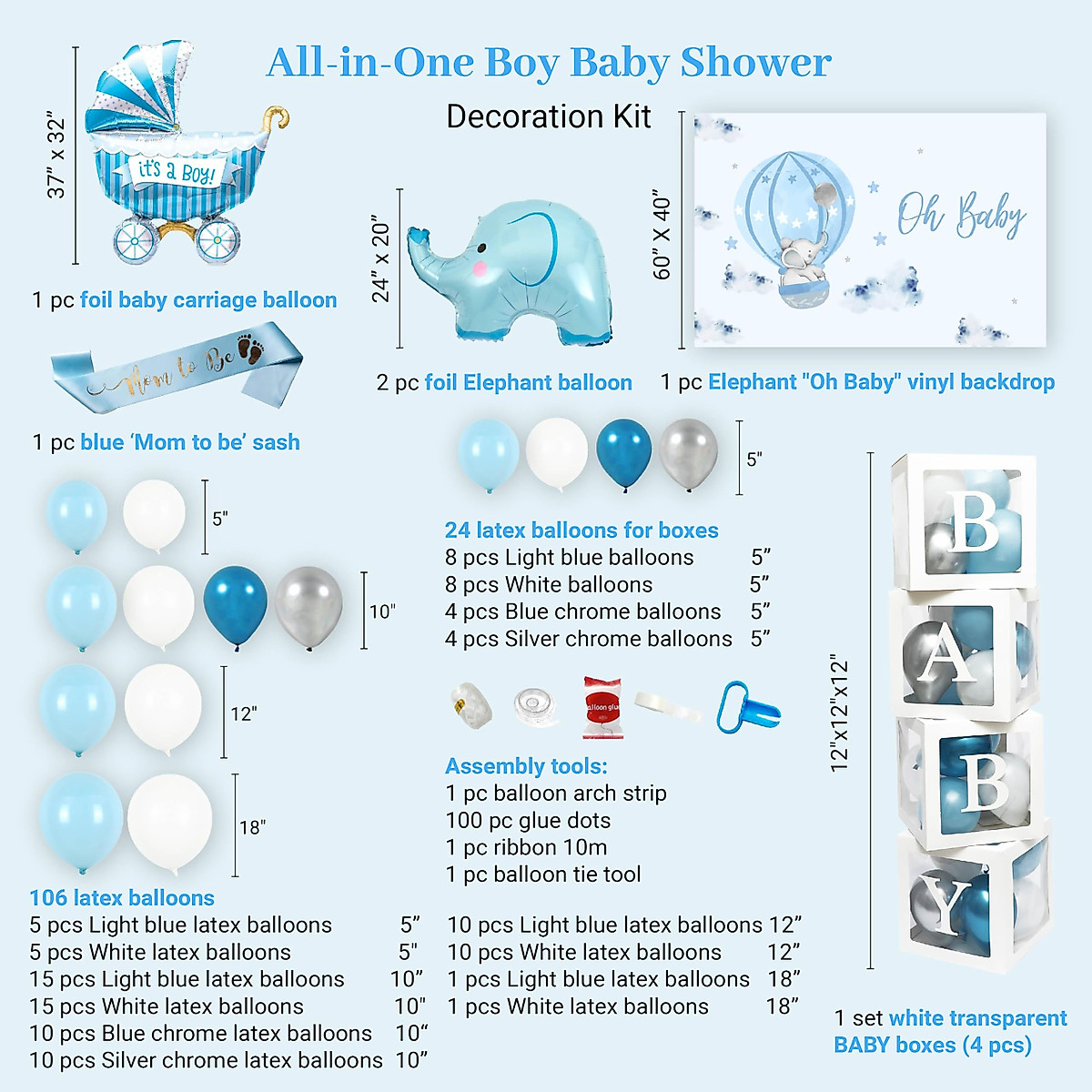 Vidal Crafts 139 PCs Elephant Baby Shower Decorations Boy-Adorable Elephant-Themed Baby Boy Shower Decorations, Complete Party Kit with Elephant Backdrop, Balloon Garland, BABY Boxes & Mom to Be Sash