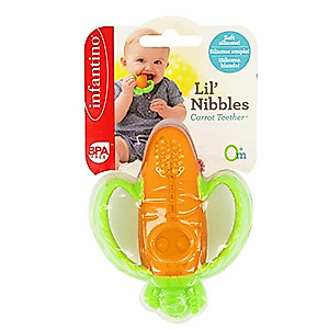 Infantino Lil' Nibbles Textured Silicone Teether -Sensory Exploration and Teething Relief with Easy to Hold Handles, Orange Carrot