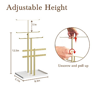 susswiff Jewelry Holder Organizer Stand - Adjustable Jewelry Tree 17.5" Height (Max), Jewlery Hanger for Necklaces, Bracelets, Earrings, Aesthetic for Storage and Display, Metal, Gold and White