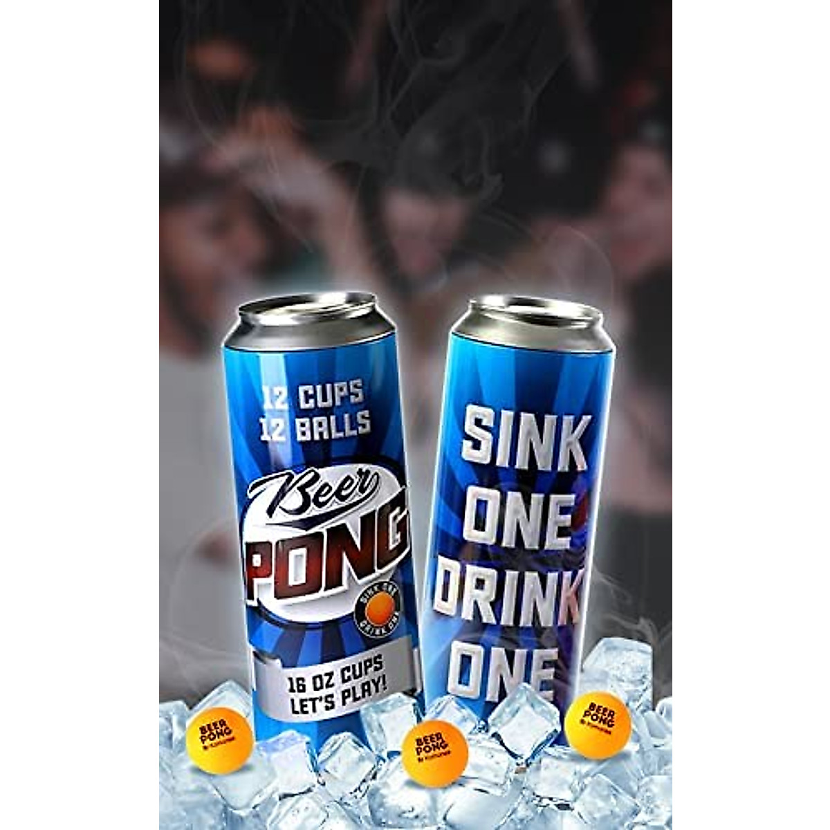 Komonee Beer Pong Novelty Can American Adult Indoor Party Drinking Game Including 12 Printed Wide Rimmed Red and Blue Re-usable Cups and 12 High Bounce ABS Orange Balls