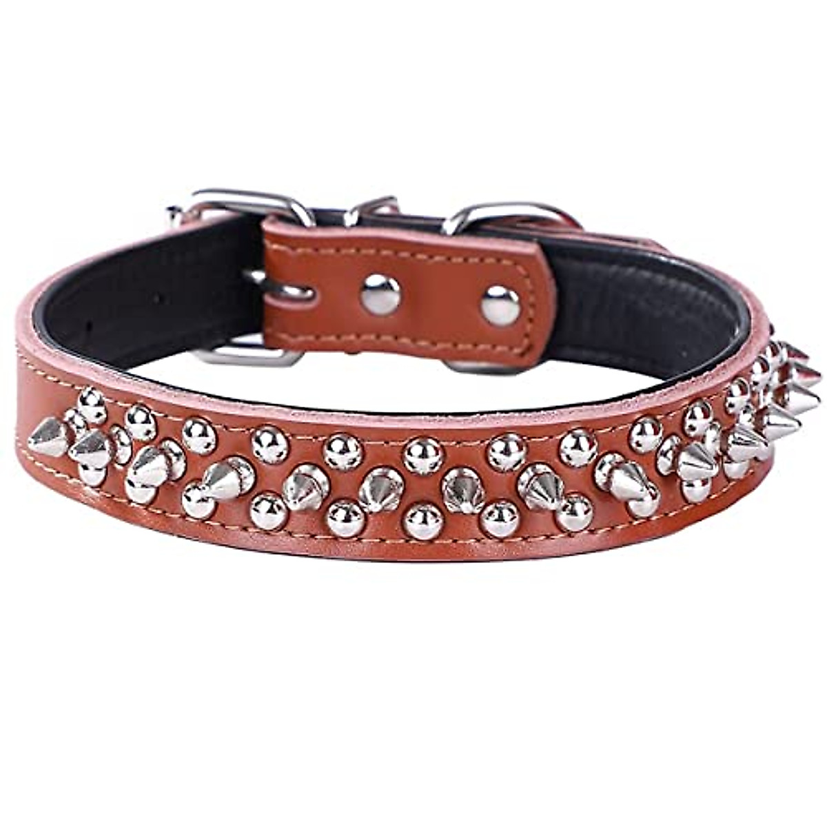 Serijoars Adjustable Genuine Leather Spiked Studded Dog Collars for Small Medium Large Pets /Pit Bull/Bulldog/Pugs/Husky (L, Brown2)