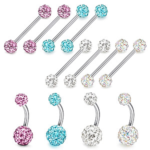 ORAZIO 14G Nipplerings Nipple Tongue Belly Button Rings Stainless Steel Rhinestone Crystal Disco Ball Barbell Body Piercing Jewelry