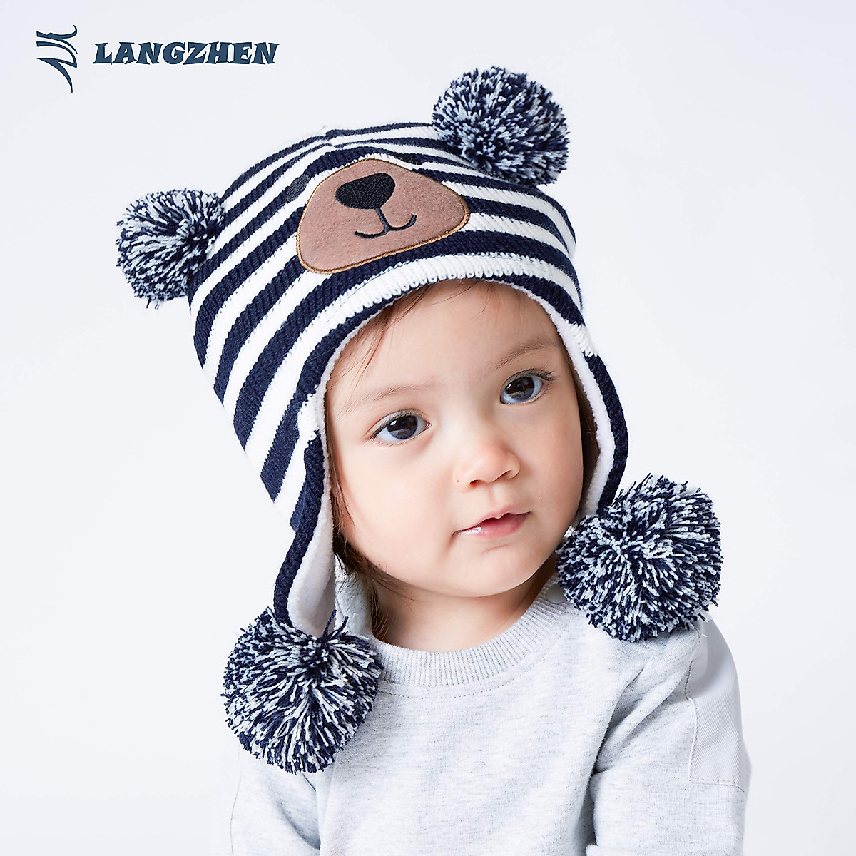 LANGZHEN Toddler Kids Infant Winter Hat,Earflap Knit Warm Cap Fleece Lined Beanie for Baby Boys (Bear -Navy Stripe, S(46-48CM/18.11"-18.9"))