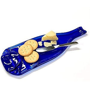 Blue Wine Bottle Cheese Tray with Cheese Spreader, Large Spoon Rest from Flat Bottle