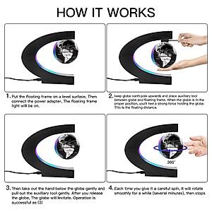 Gresus Magnetic Levitation Floating World Map Globe with C Shape Base, Floating Globe with LED Lights, Great Fathers Students Teacher Business Boyfriend Birthday Gift for Desk Decoration （Black)