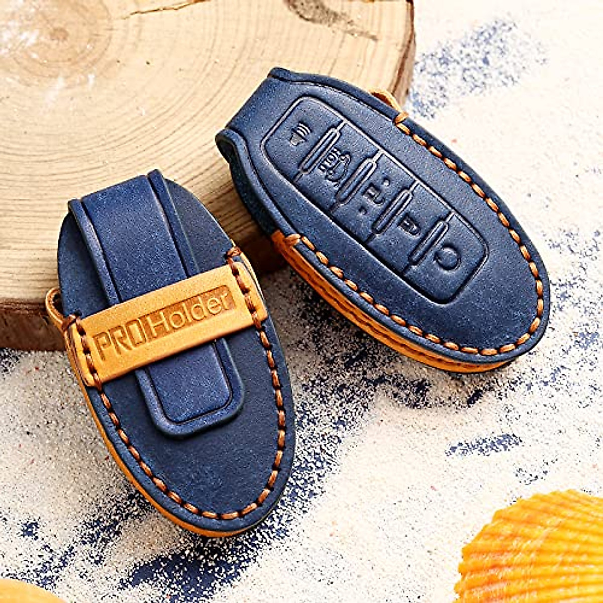 3W Key Fob Cover Case Compatible for Nissan Genuine Leather Remote Fob Cover with Keychain Soft Leather 360° Protection for Nissan, 5 Buttons - Ocea Blue