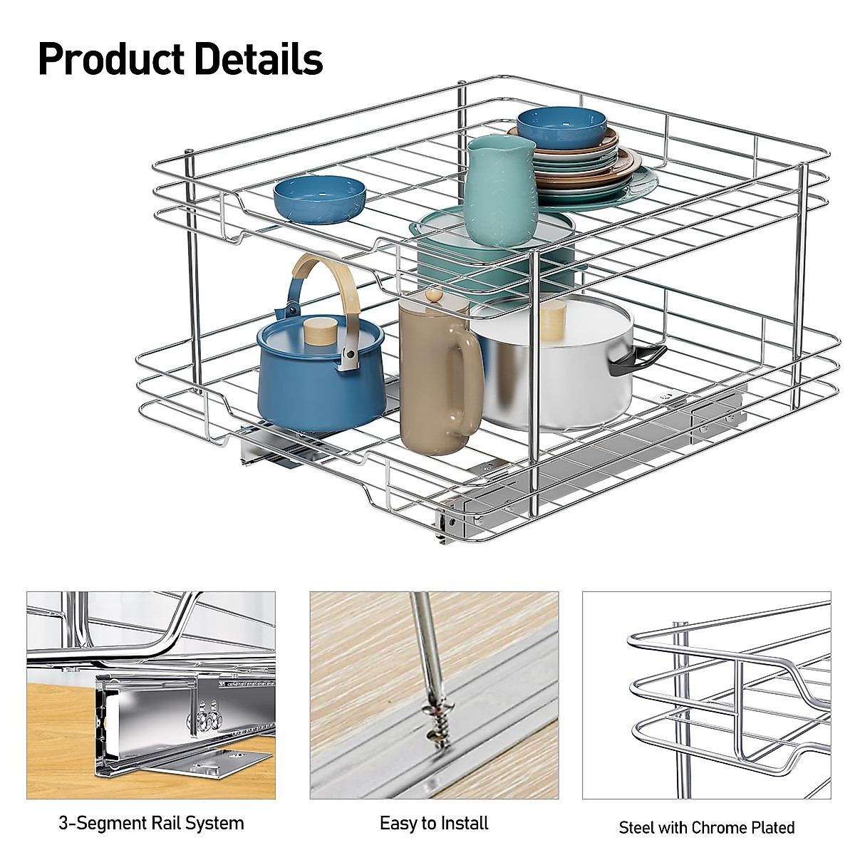 Lxmons 2 Tier Pull-out Cabinet Organizer, 20" W x 21" D Kitchen Under Sink Organizer, Slide Out Home Spice Rack Storage for Pots and Cans, Drawer Pantry Shelf Organization for Bathroom Base, Chrome
