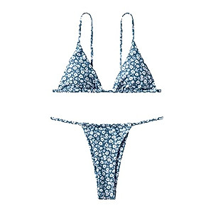 WDIRARA Women's Floral Print Tie Side Swimwear Straps Bikini Sets Swimsuits Blue White XS