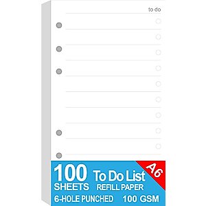 A6 To Do List Refills for Filofax Personal Size Planner/Binder, 6 Hole Punched, 100 Sheets/200 Pages, To Do Planner with Check List Organizing, 100gsm, White, 3.74 x 6.73 Inch