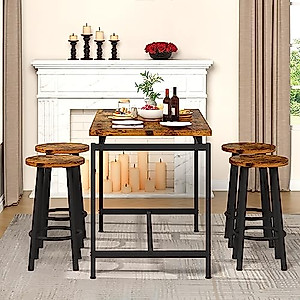 AWQM Bar Table Set,Kitchen Pub Table with 4 Stools, 5 Pieces Dining Table Set, Breakfast Table of 47.2 x 23.6 x 34.6 Inches, Stool of 11.8 x 11.8 x 23.8 Inches Each, Rustic Brown & Black