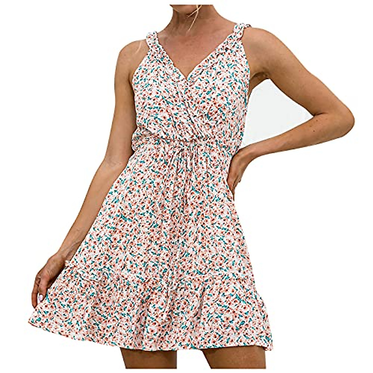 Spring Dress for Women Summer Dress Women's Ruffled V-Neck Floral Dress Mini Suspender Dexy Women's Dress Womens Tunics Dresses Summer Dress Short Cocktail Dress Plus Size When is Prime Pink