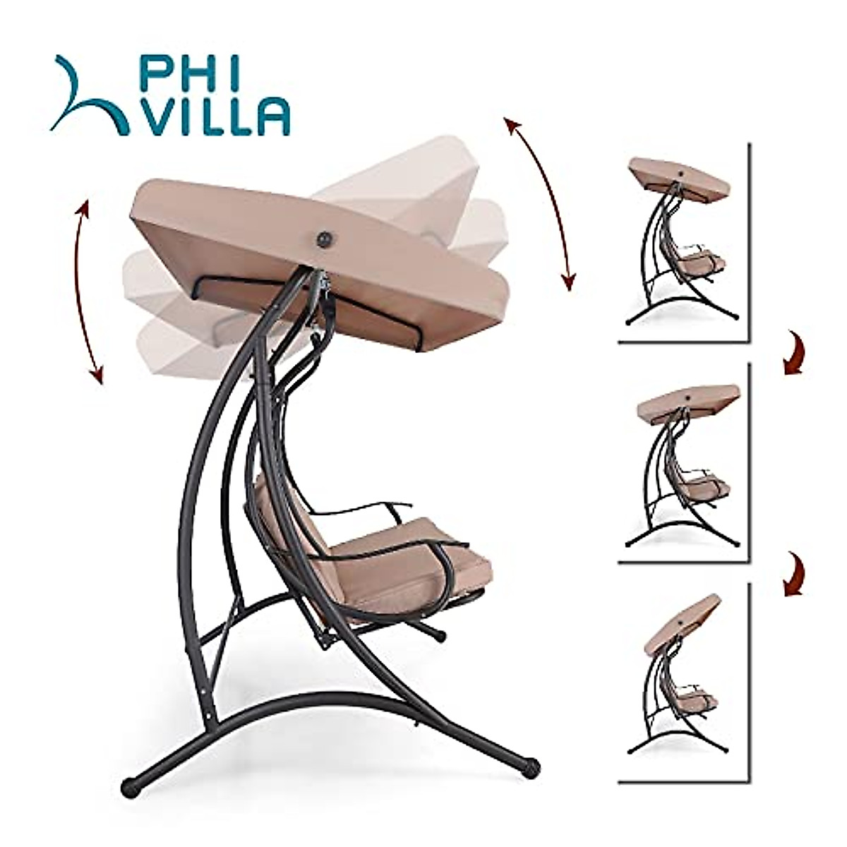 PHI VILLA 3-Seat Porch Swing with Canopy,Outdoor Swing with Removable Cushion,Patio Swing Chair/Bench for Porch, Garden, Poolside, Balcony, Backyard,Alloy Steel Frame,Brown