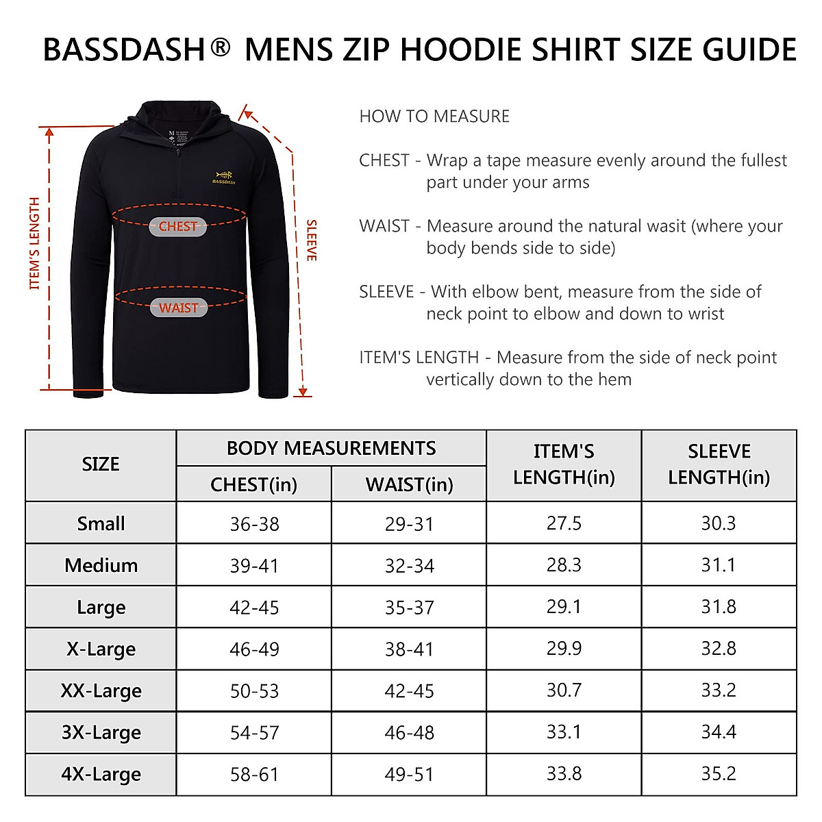 BASSDASH Men’s UPF 50+ 1/4 Zip Fishing Hoodie Shirt Quick Dry Performance Long Sleeve Sun Protection FS24M Black