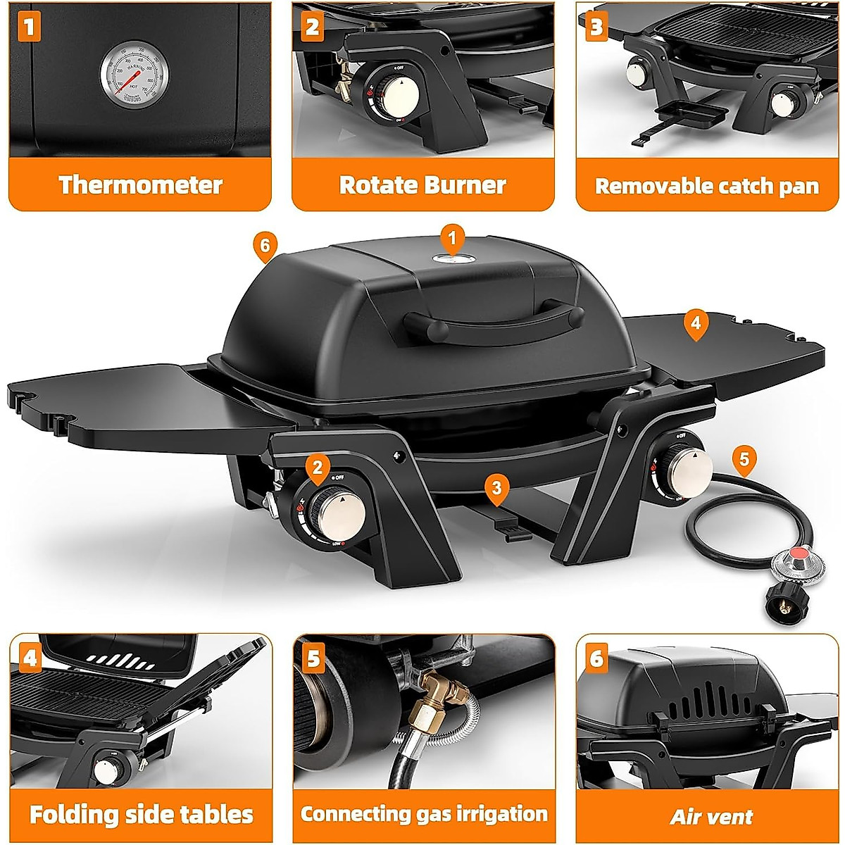Kukoofyer Gas Grill Portable Propane Grill, Tabletop Grill Propane, 24,000 BTU Outdoor BBQ Grill Camping Grill with Two Burners, Removable Side Tables, Built in Thermometer, Black
