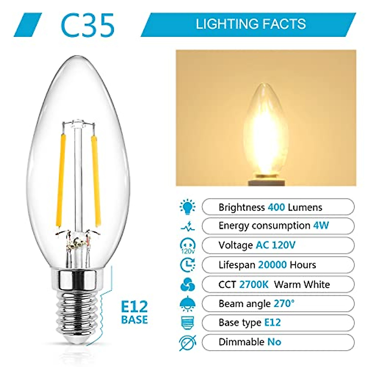 Ascher E12 LED Classic Candelabra Clear Light Bulb, 4W, Equivalent 40W, Warm White 2700K, Filament Clear Glass, Non-Dimmable, Pack of 5