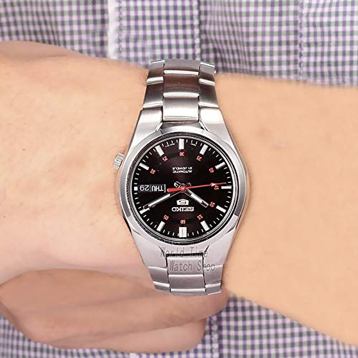 Seiko Men's 5' Japanese Automatic Stainless Steel Casual Watch, Color: Black dial (Model: SNK617)