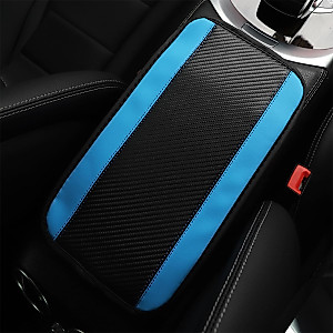 BESULEN Car Armrest Storage Box Cover, PU Leather Waterproof Non Slip Center Console Pad, Universal Carbon Fiber Arm Rest Seat Box Mat, Car Interior Accessories for Most Vehicle SUV Truck (Blue)