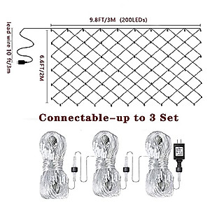 Net Lights Outdoor Christmas Net String Lights Plug in 9.8ft x 6.6ft Connectable Mesh Fairy Light 200 LEDs Waterproof Garden Tree Lights 8 Modes with Remote for Yard Fence Gazebo Decor(White+Blue)