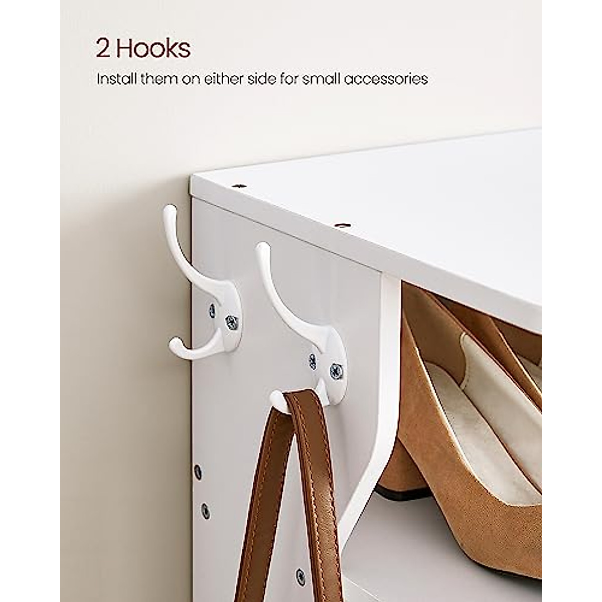 VASAGLE 7 Tier Vertical Shoe Rack, Narrow Shoe Storage Organizer with Hooks, Slim Wooden Corner Shoe Tower Rack, Robust and Durable, Space Saving for Entryway and Bedroom, White ULBS200T14