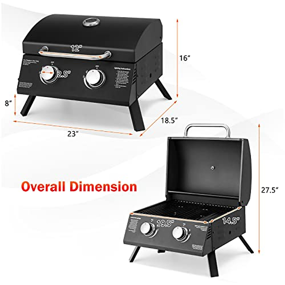 COSTWAY Portable Gas Grill, 20,000 BTU Tabletop Barbecue Grill with 2 Burners, Dual Temperature Control, Folding Legs, Built-in Thermometer, Propane Gas Grill for RV Backyard BBQ Camping Patio, Black
