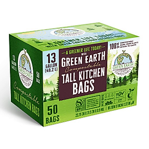 Green Earth Compostable Tall Kitchen Food Scrap Waste Bags, 13 Gallon, 49 Liter, 50-Count, Superior Strength 0.9 Mil Thickness, ASTM D6400, US BPI & Europe OK Compost Home Certified, USA
