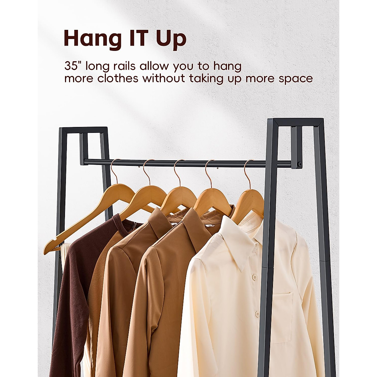 Asgolion Clothing Rack, Clothes Rack for Hanging Clothes, Garment Rack with 2 Shelves and 4 Hooks, Metal Standing Clothes rack for Bedroom, Closet, Rustic Brown