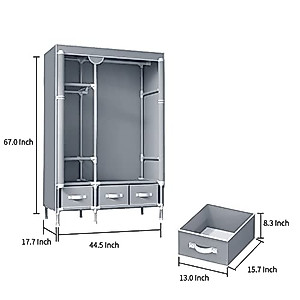 ASSICA Portable Wardrobe Durable Clothes Closet Non-Woven Fabric Storage Organizer with Three Drawer Boxes and Hanging Rack- Easy to install, Not for outside use, 44.5" x 18.0" x67.0" (Gray)